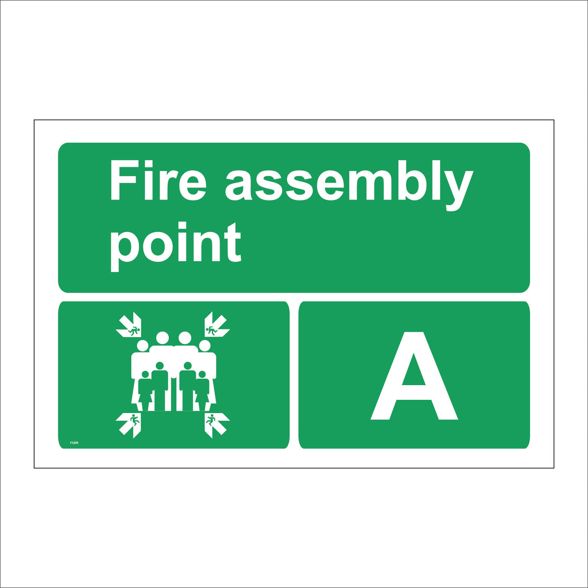 Fire Assembly Point A Sign with Four Arrows Pointing To Group Of People Running – PWDirect