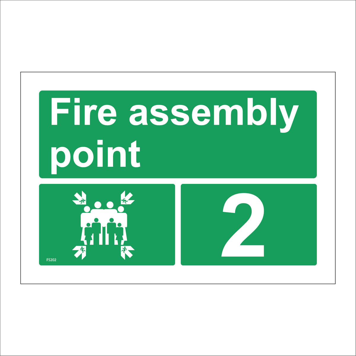 Fire Assembly Point 2 Sign with Four Arrows Pointing To Group Of People ...