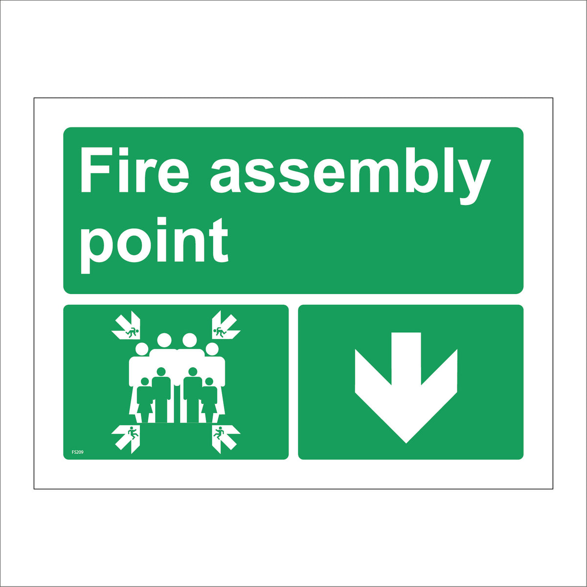 Fire Assembly Point Sign with Four Arrows Pointing To Group Of People ...