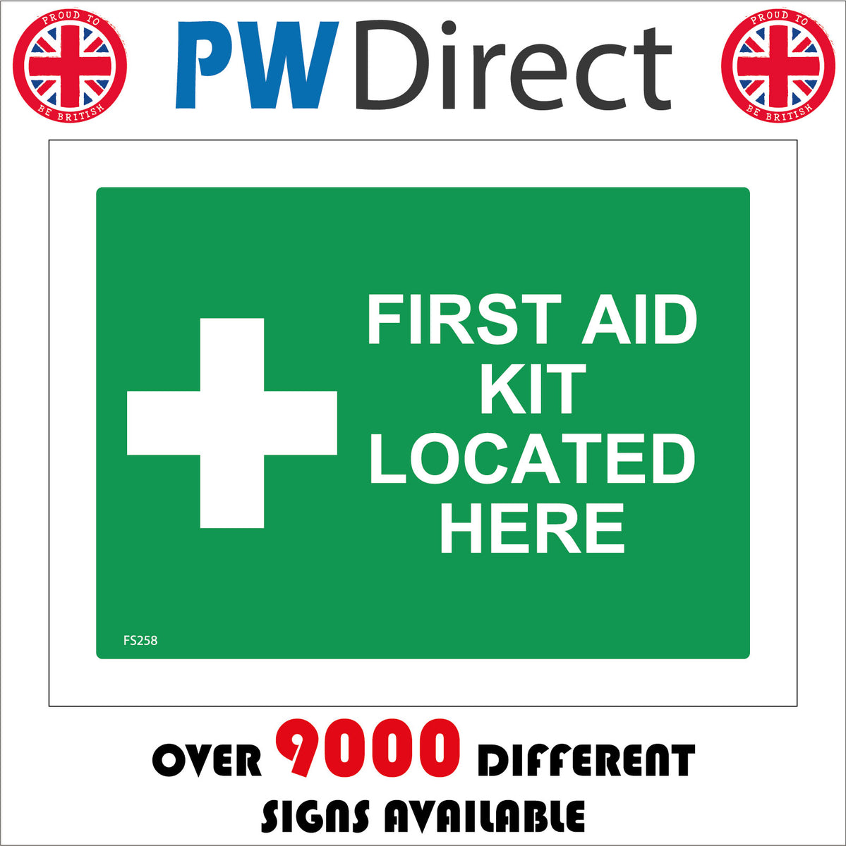 First Aid Kit Located Here Sign with Cross – PWDirect