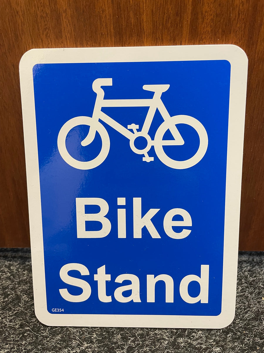 Bike Stand Sign, 150 x 200mm 5mm Foamex Blue background with bike imag ...