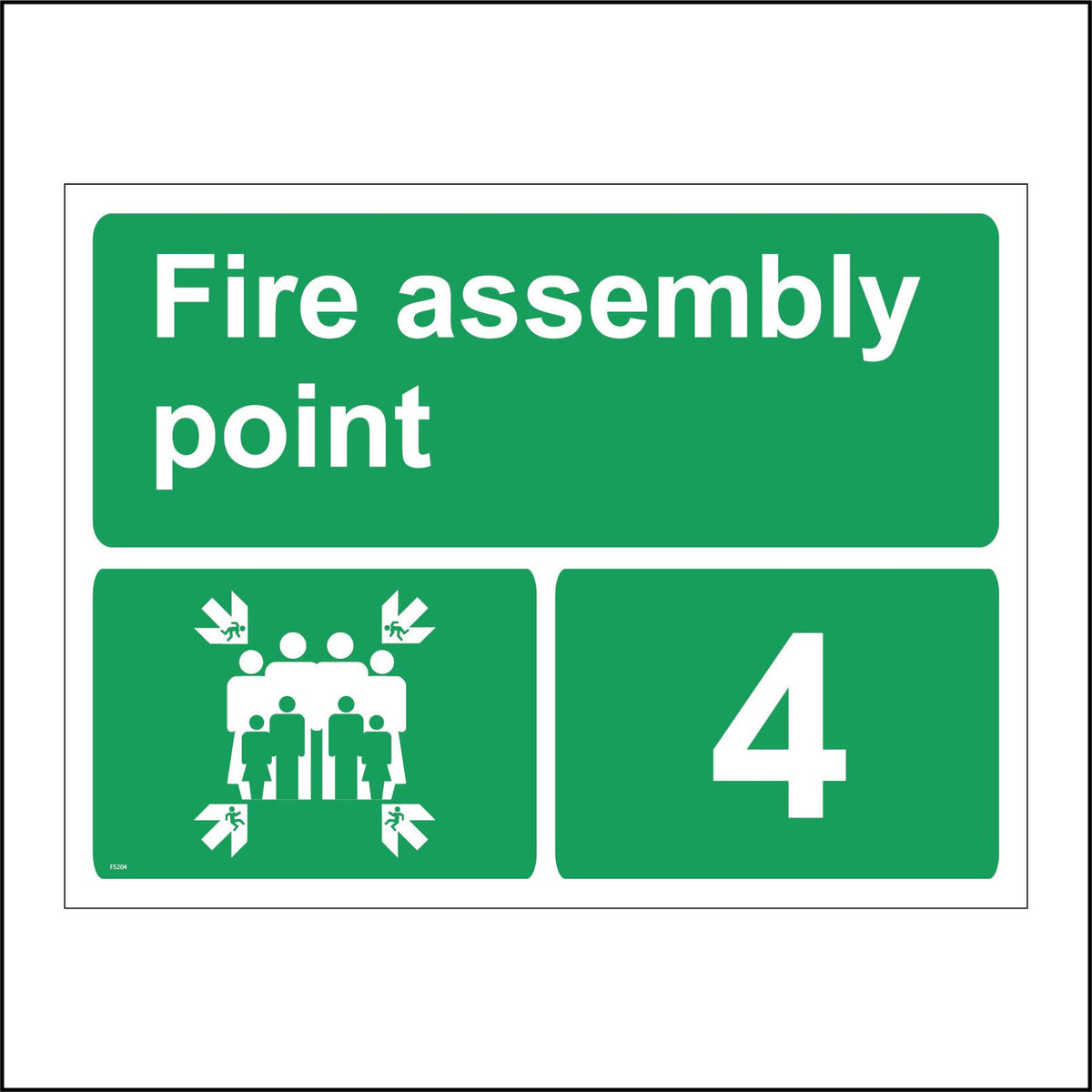 Fire Assembly Point 4 Sign with Four Arrows Pointing To Group Of People ...
